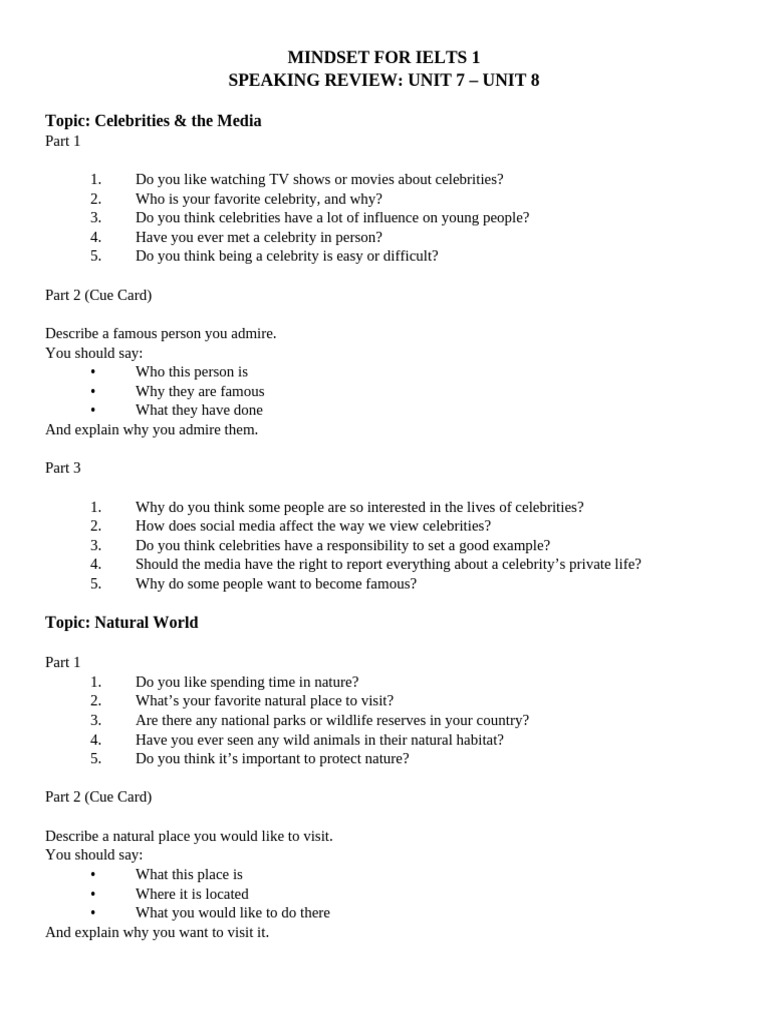Mindset for IELTS 1_Review Speaking Unit 7 - 8 GV | PDF
