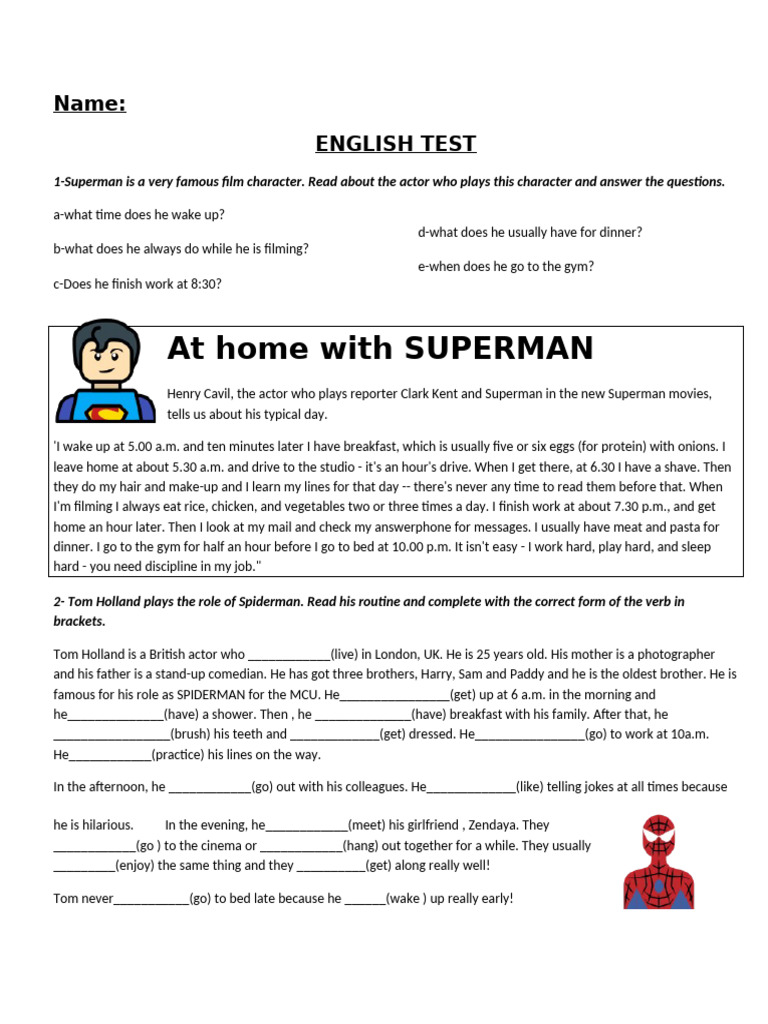 ENGLISH TEST Present Simple Film Characters | PDF
