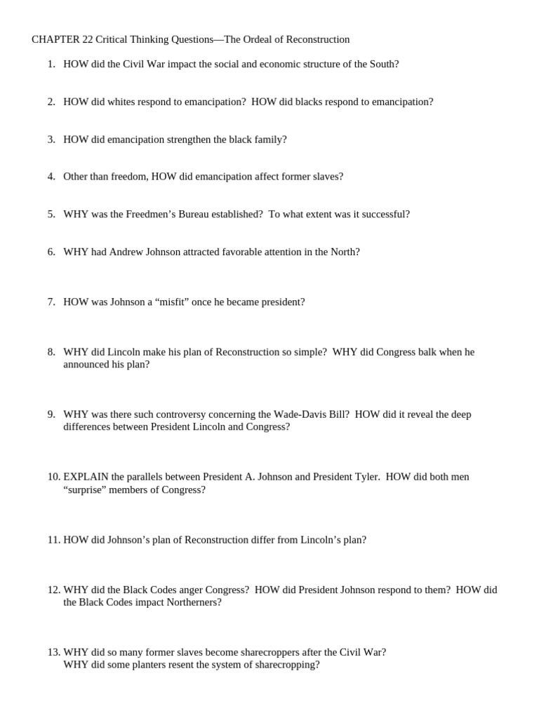 Reconstruction Era Critical Thinking Guide | PDF | Reconstruction Era ...