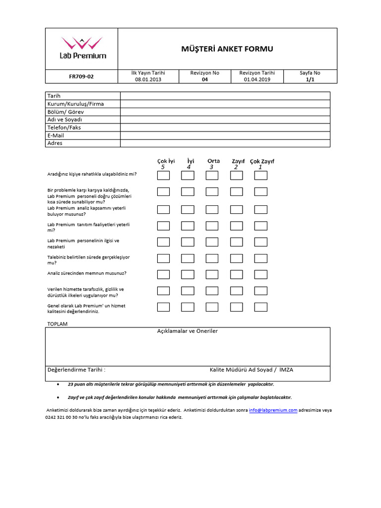 Lab Premium FR709-02 REV04 Müşteri Anket Formu | PDF