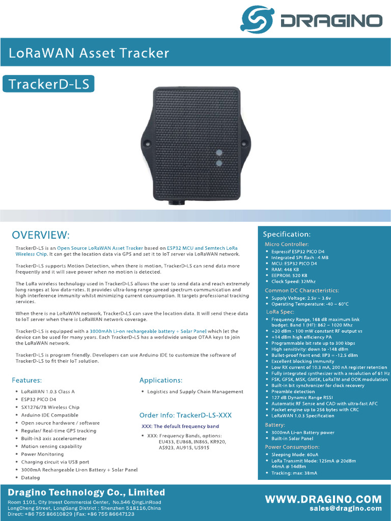 Dragino - Tracker D-LS-LoRaWAN - Datasheet - EN | PDF