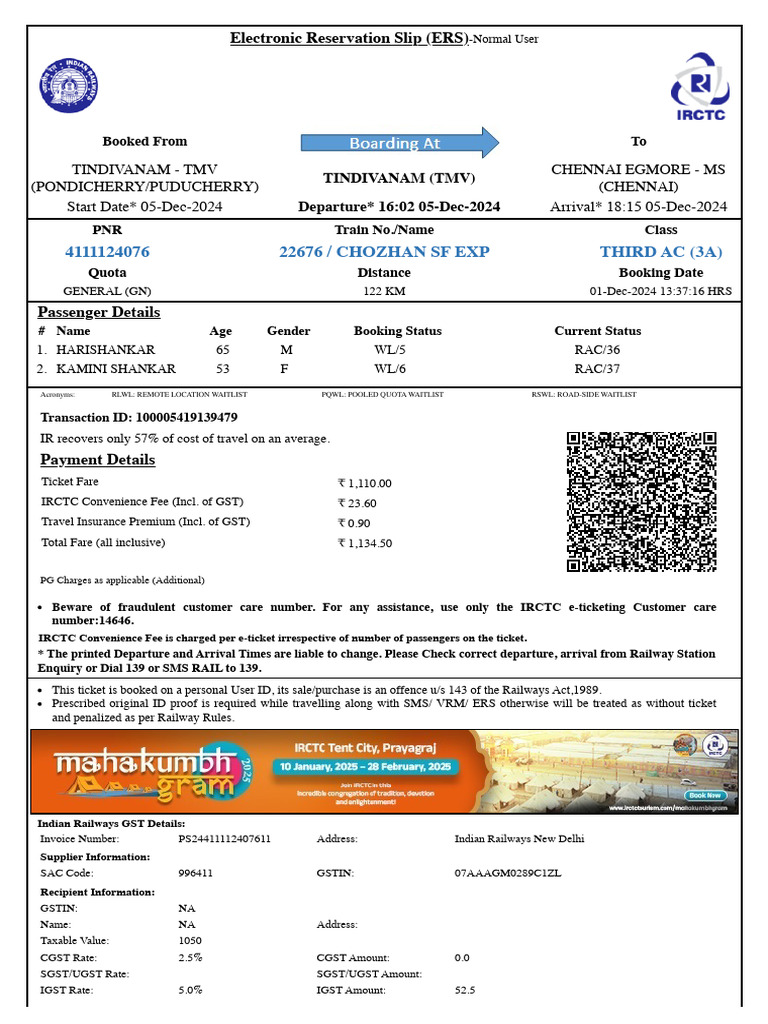 TVM to Chennai Ticket | PDF | Identity Document