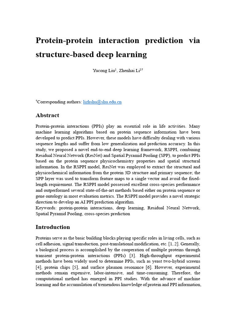 Protein Protein Interaction Prediction Via Structure Based 2teh5onh | PDF | Proteins | Protein ...