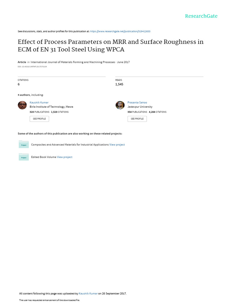 Effect of Process Parameters On MRR and Surface Roughness in ECM of en 31 Tool Steel Using WPCA ...