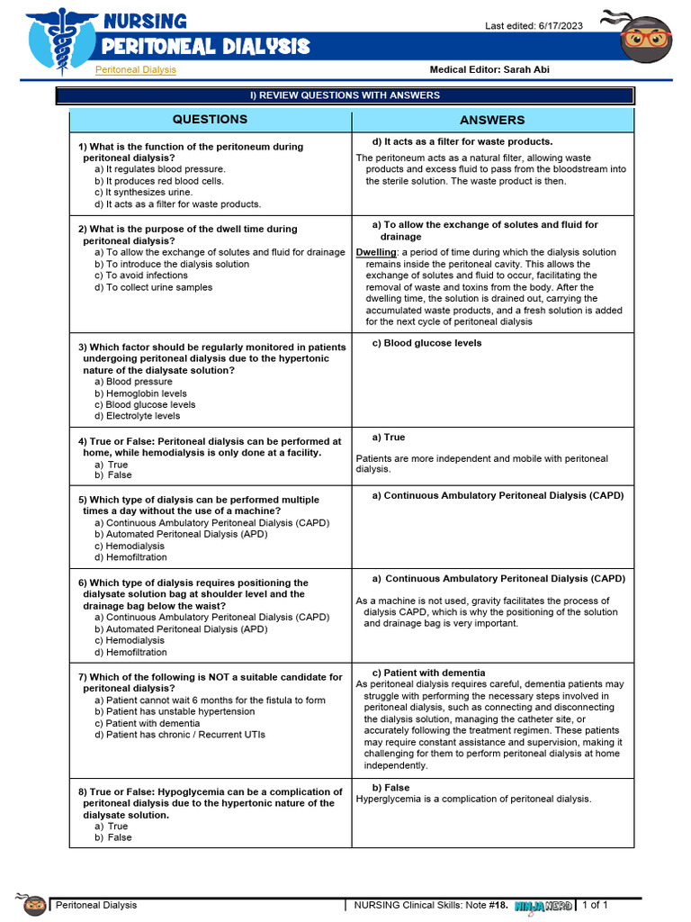 Peritoneal Dialysis NCLEX Guide | PDF | Hemodialysis | Peritoneum