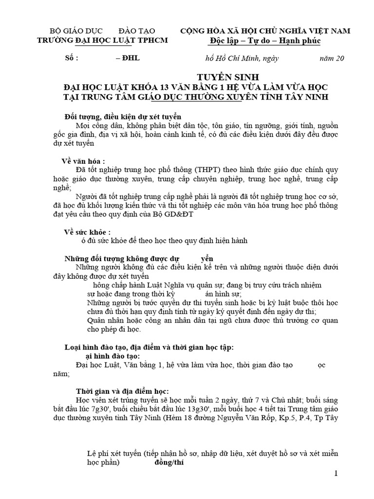 TÂY NINH - THÔNG BÁO CHIÊU SINH VB1 TNK13 (1) | PDF