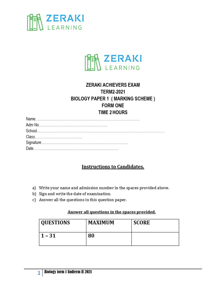 Biology Form 1 - Zeraki Achievers 2.0 - Marking Scheme | PDF | Leaf ...
