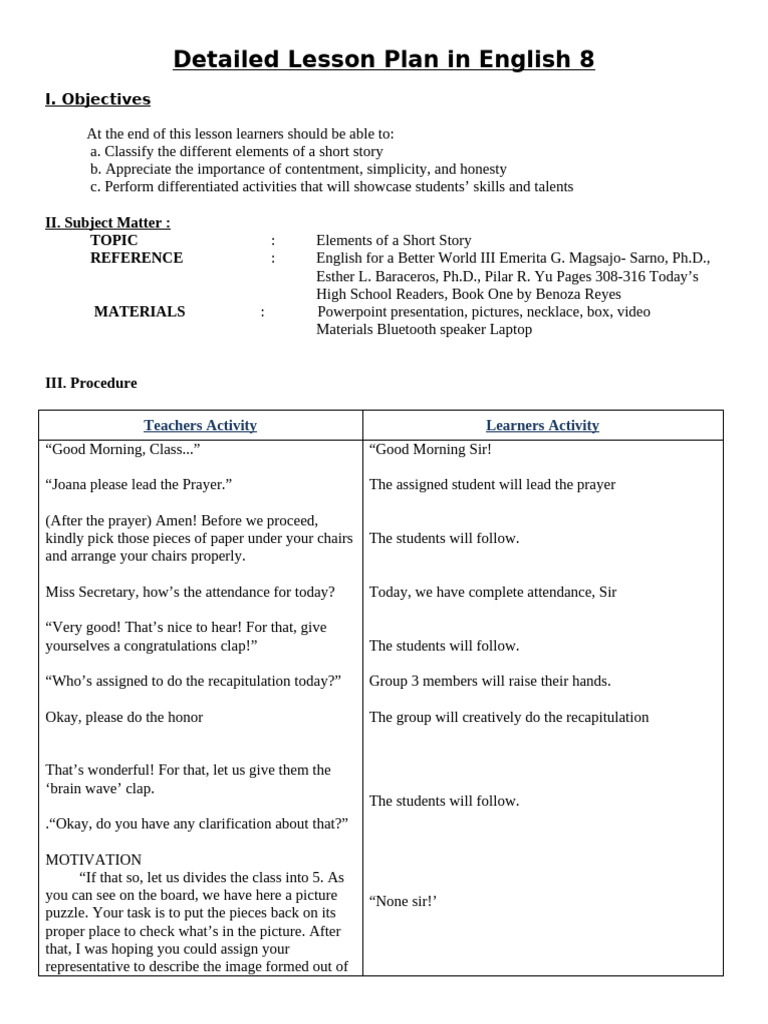 Detailed Lesson Plan in English 8 1 | PDF | Plot (Narrative) | Lesson Plan