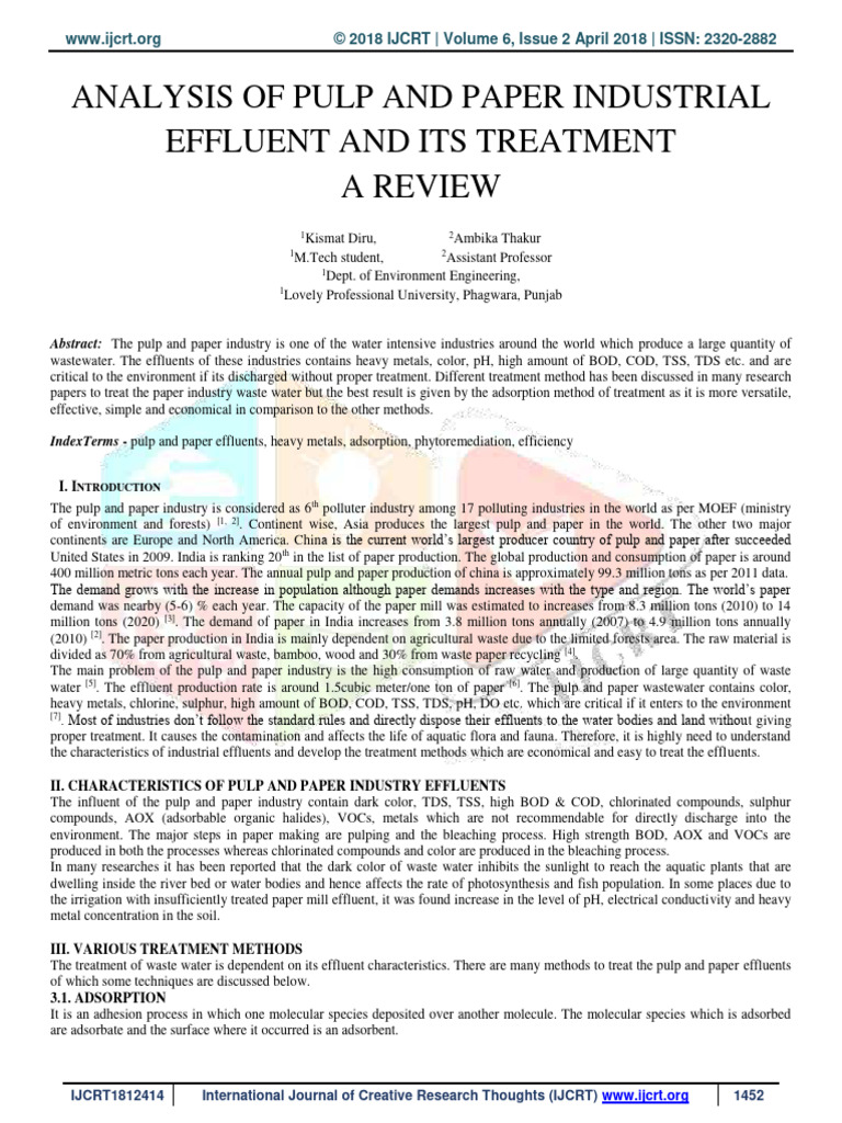 Analysis of Pulp and Paper Industrial Ef | PDF | Adsorption | Physical ...