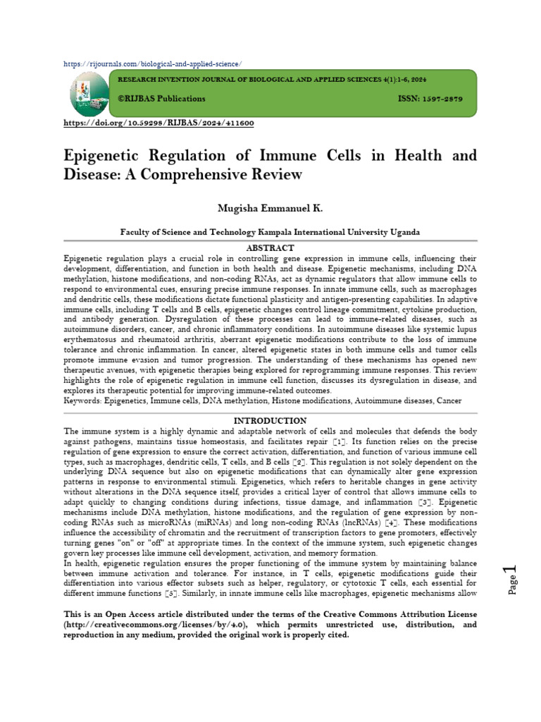 Epigenetic Regulation in Immune Cells | PDF | Regulation Of Gene ...