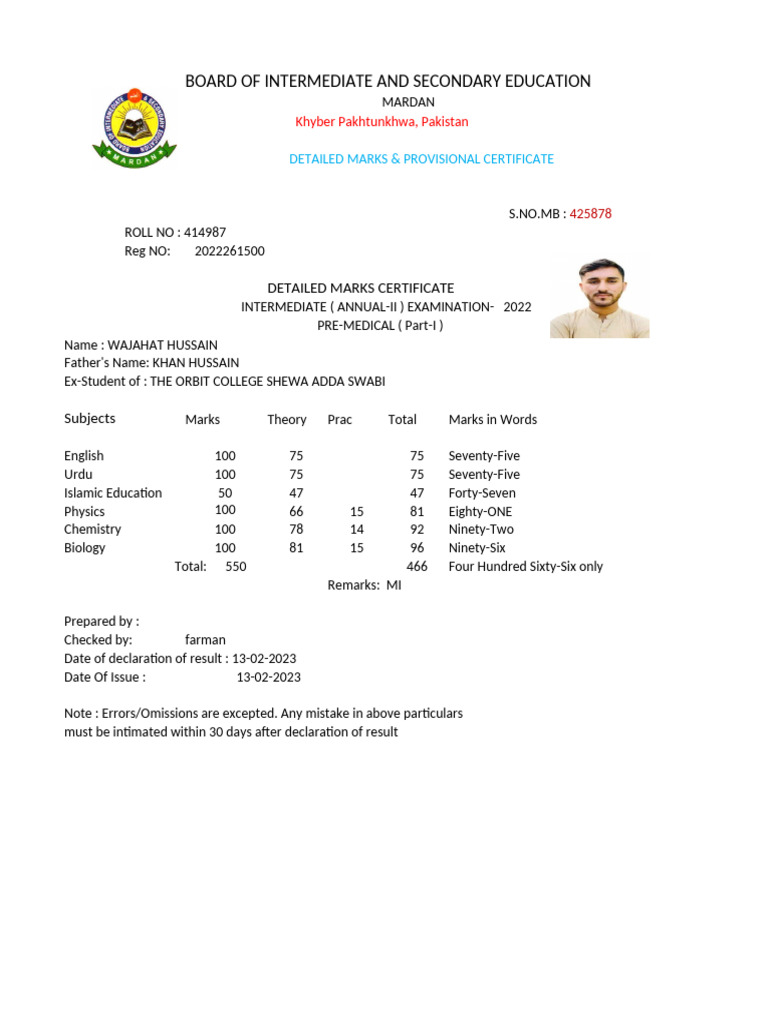 Board of Intermediate and Secondary Education: Detailed Marks ...