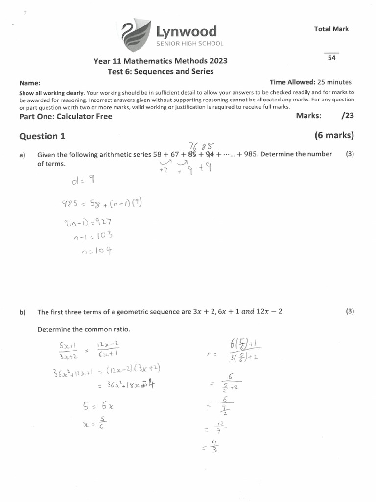 Test 6 Revision - Sequences and Series - Marking Key | PDF
