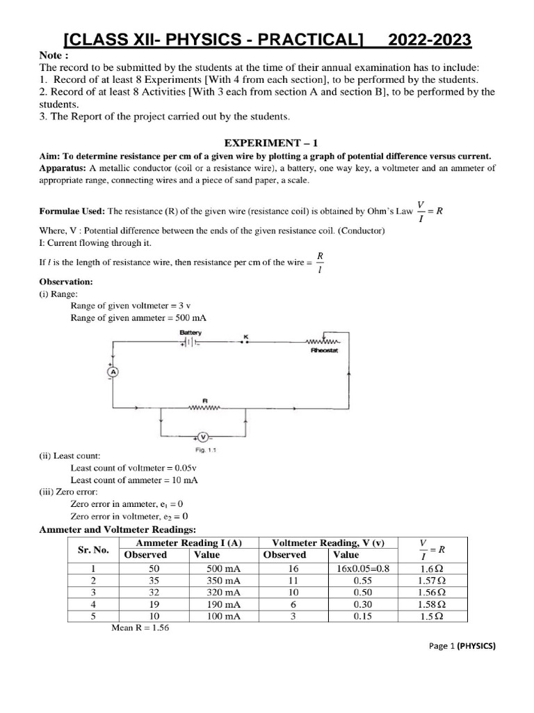 Xii Physics Practical 2022-23 | PDF