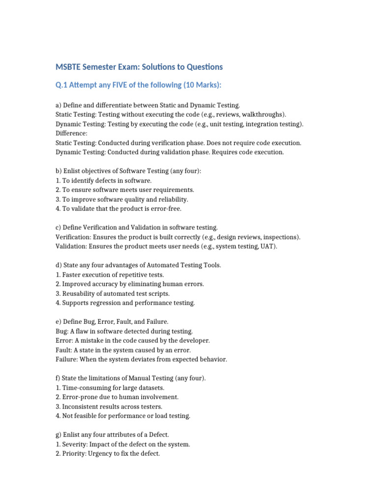 MSBTE Exam Solutions: Software Testing Concepts | PDF | Software ...