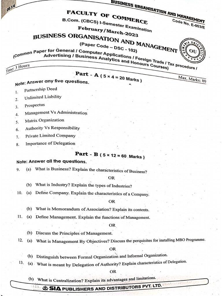 BOM Previous Years Papers | PDF