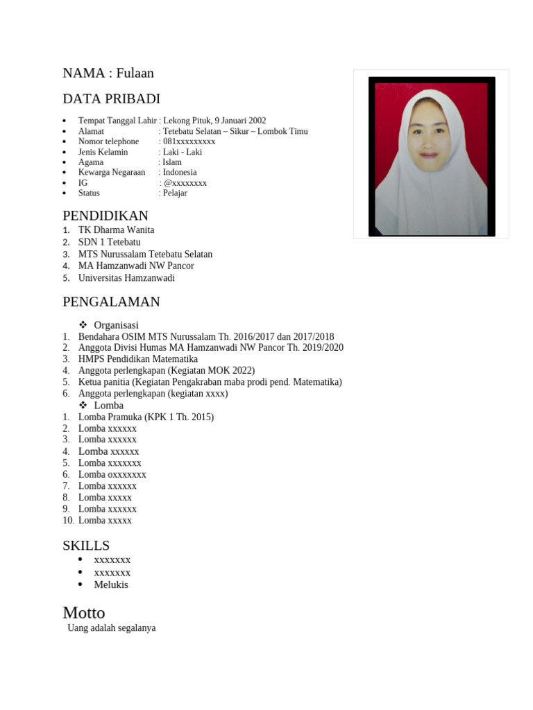 Contoh CV (Curiculum Vitae)-1 | PDF