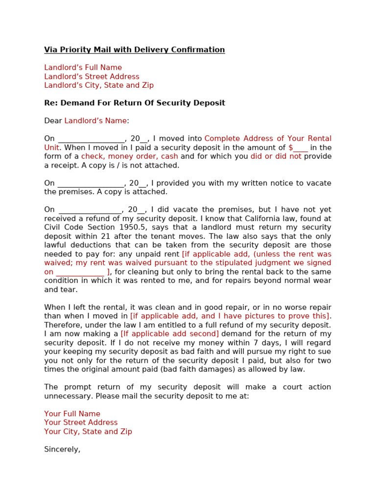 Security Deposit Demand Letter 04 | PDF