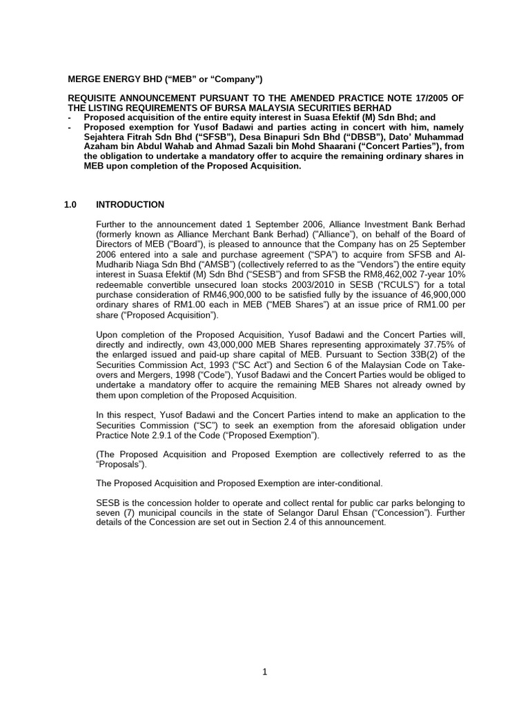 Proposed Acquisition - Sample | PDF | Dividend | Mergers And Acquisitions