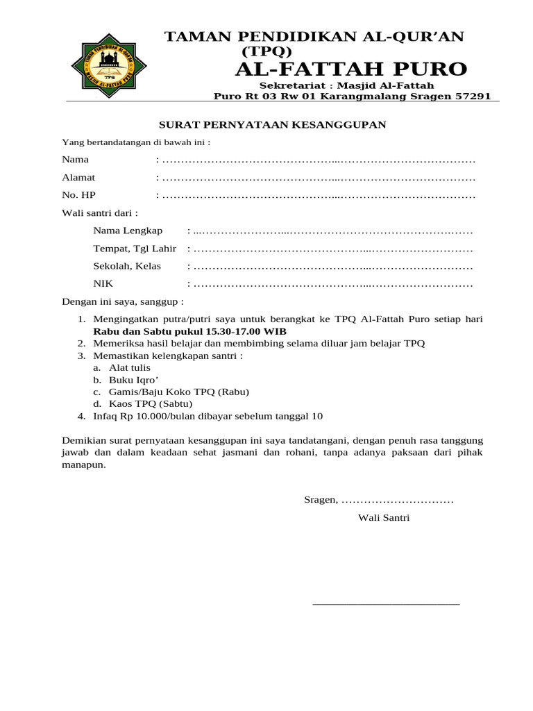 Surat Kesanggupan TPQ | PDF