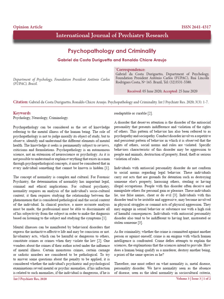 Psychopathology and Criminality | PDF | Mental Disorder | Crimes
