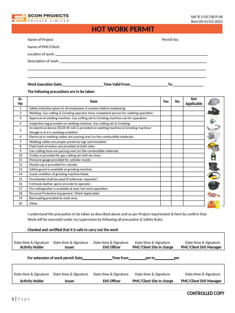 Saf-8.1-Oc-Sr-P-06-Hot Work Permit | PDF | Welding | Construction