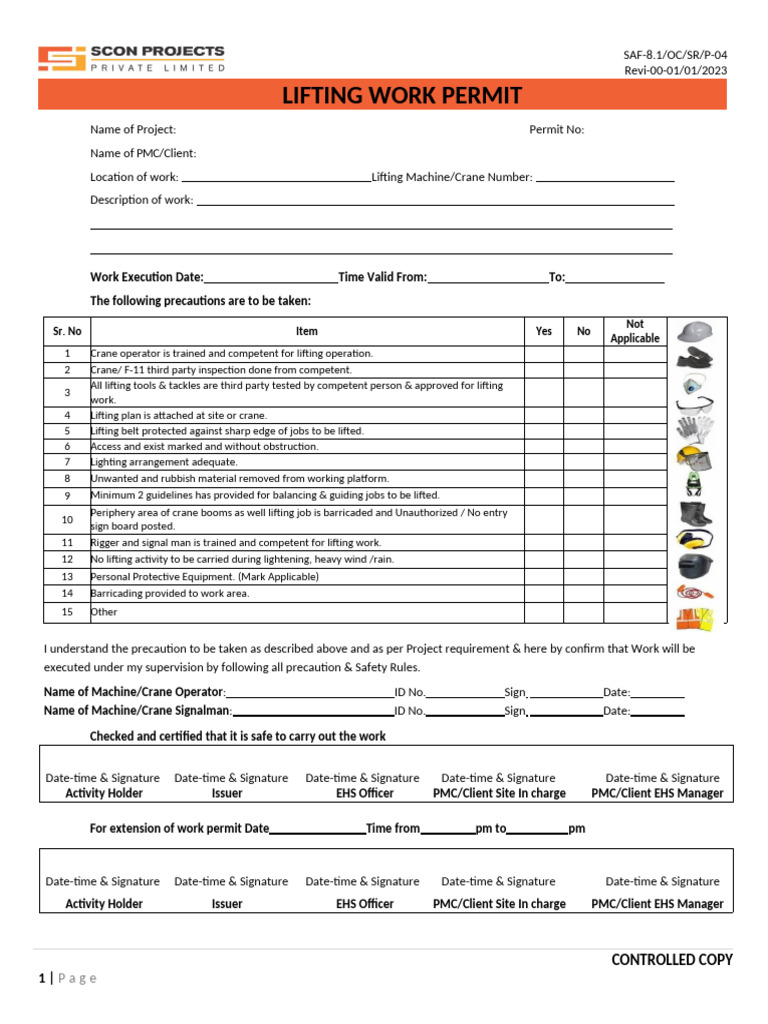 Saf 8.1 Oc SR P 04 Lifting Work Permit | PDF | Crane (Machine)