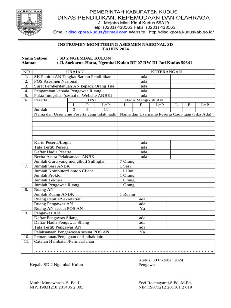 Instrumen Monitoring Anbk SD Tahun 2024 | PDF