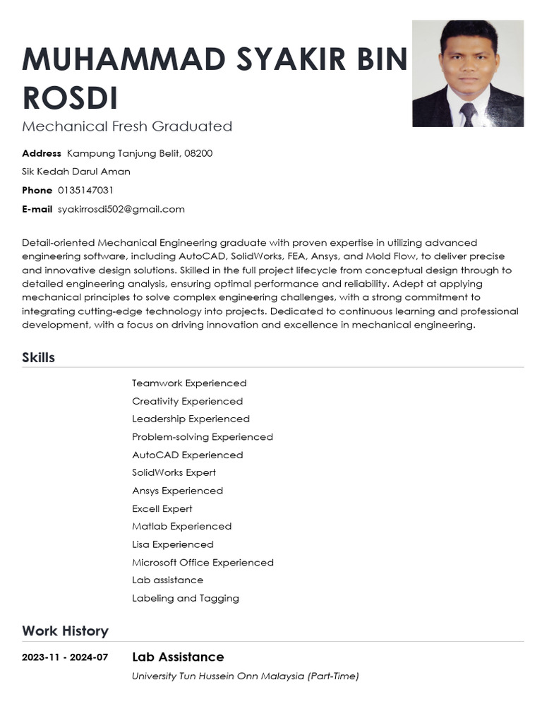 MUHAMMADSYAKIR BINROSDI Resume | PDF | Engineering | Composite Material