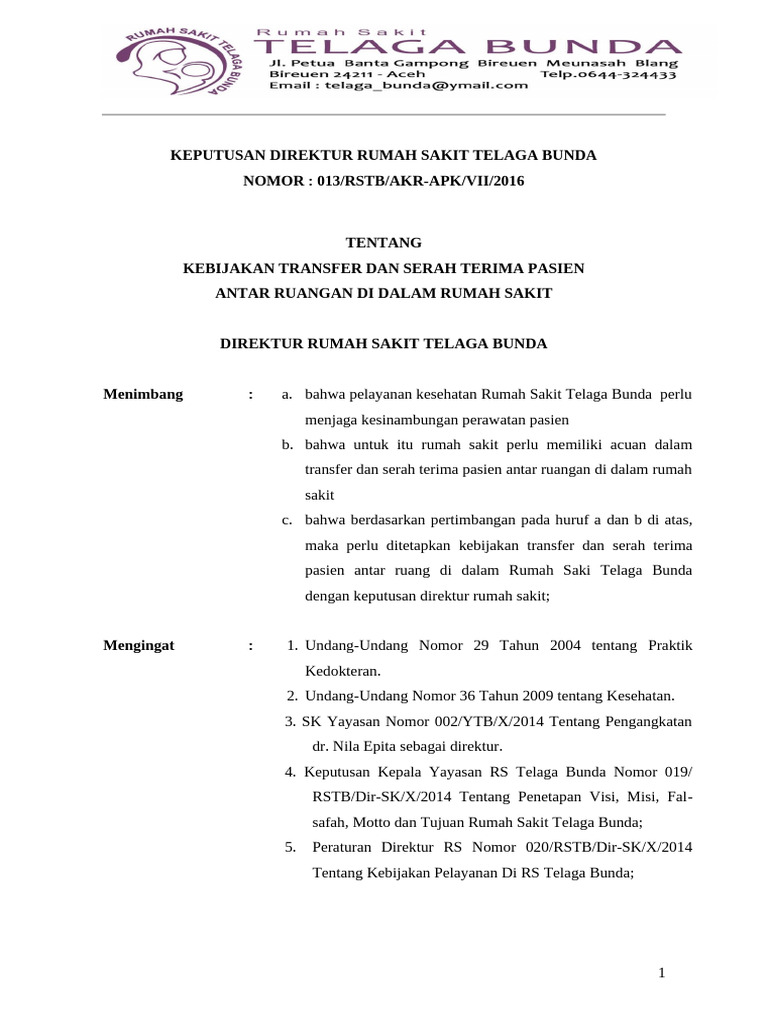 Kebijakan Transfer Dan Serah Terima Pasien Antar Ruangan Di Dalam RSMH ...