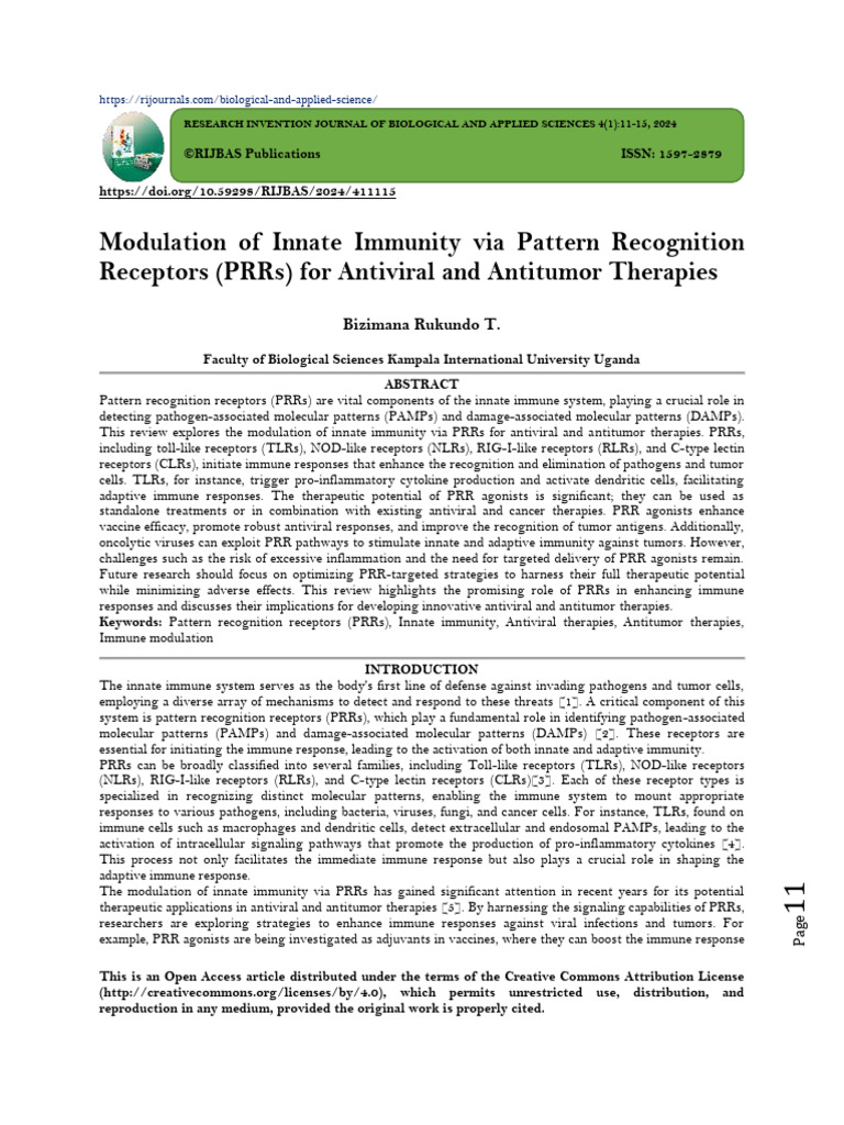Modulation of Innate Immunity Via Pattern Recognition Receptors (PRRS) For Antiviral and ...