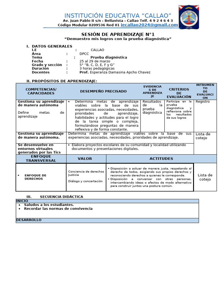 Sesión N°1-Evaluación Diagnóstico 5º DPCC | PDF | Aprendizaje | Evaluación