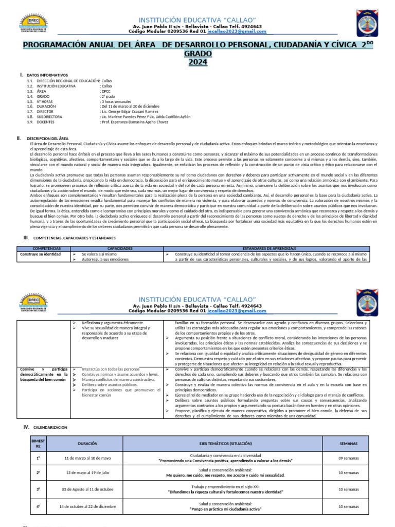 Programacion Anual (Dpcc-2°) 2024 | PDF | Evaluación | Aprendizaje