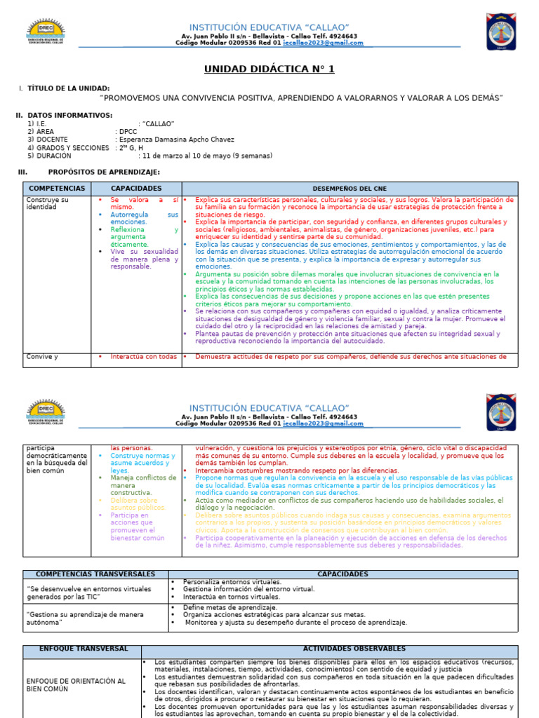 Unidad Didáctica #1 DPCC 2º Grado | PDF | Las emociones | Evaluación