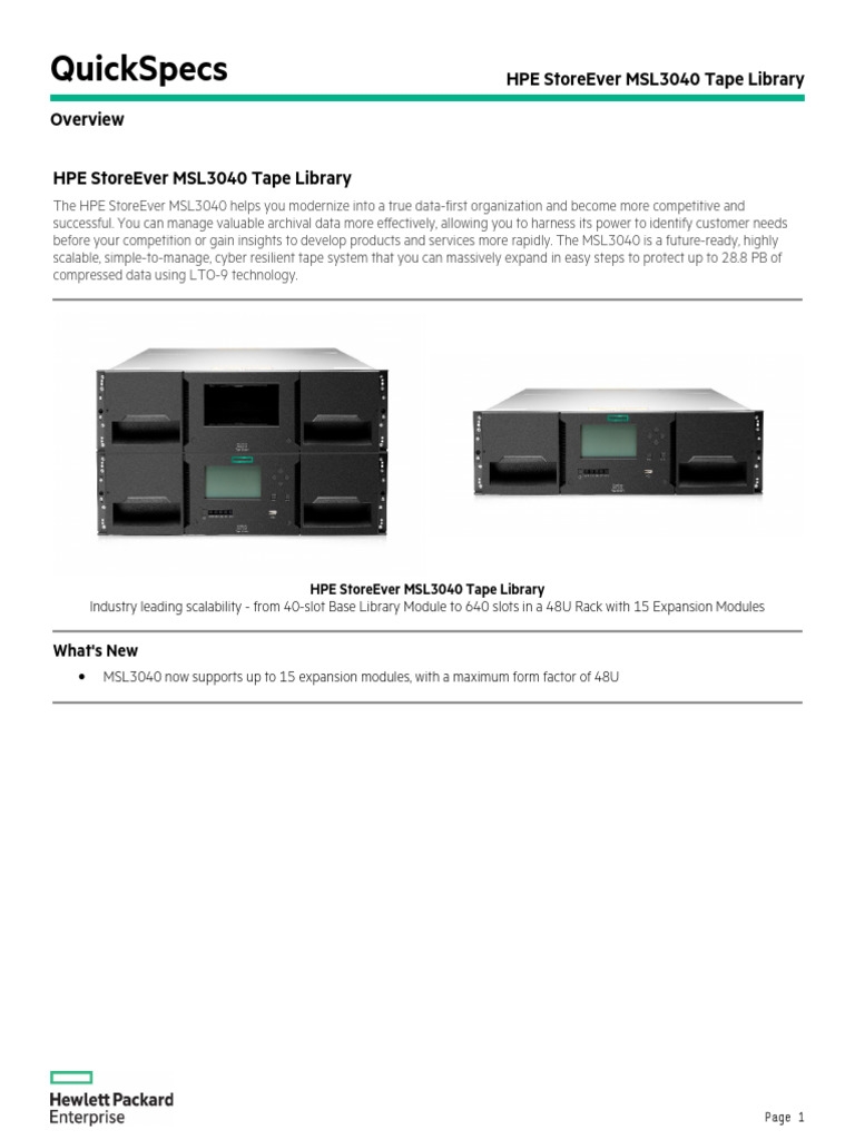 HPE StoreEver MSL3040 Tape Library Overview | PDF | Computing ...