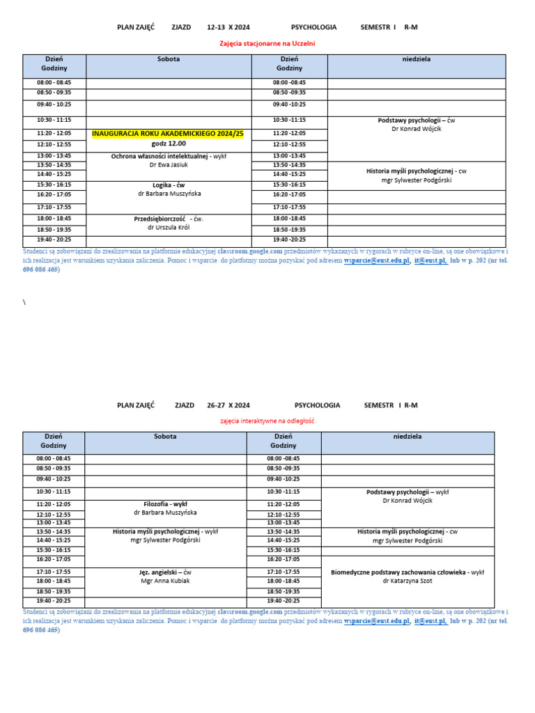Plan Zajec Psychologia Sem 1 | PDF