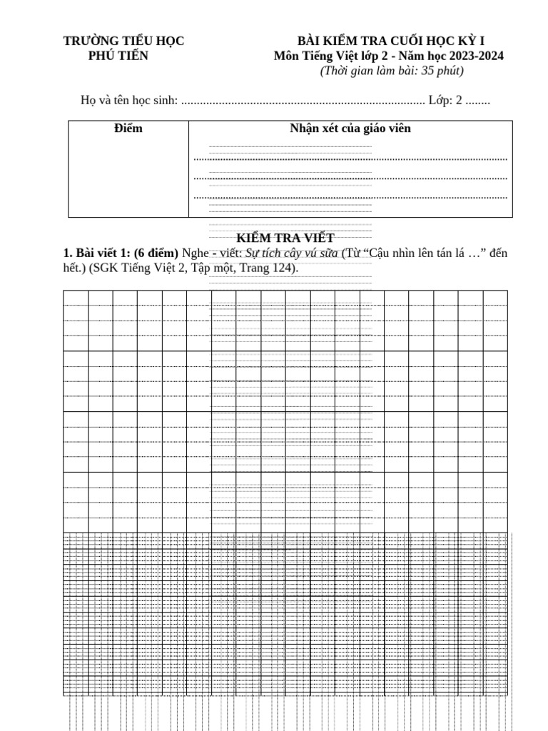 Bài KT Ck1. L P 2. Toán, TV | PDF