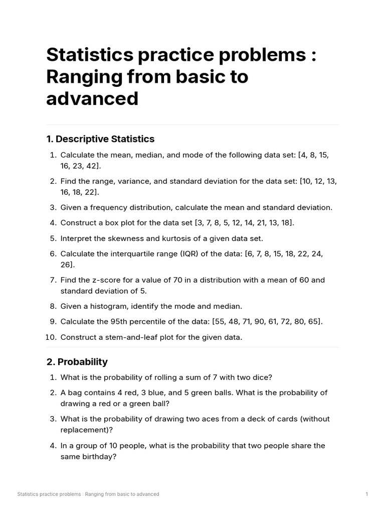 Comprehensive Statistics Practice Problems | PDF | Probability ...
