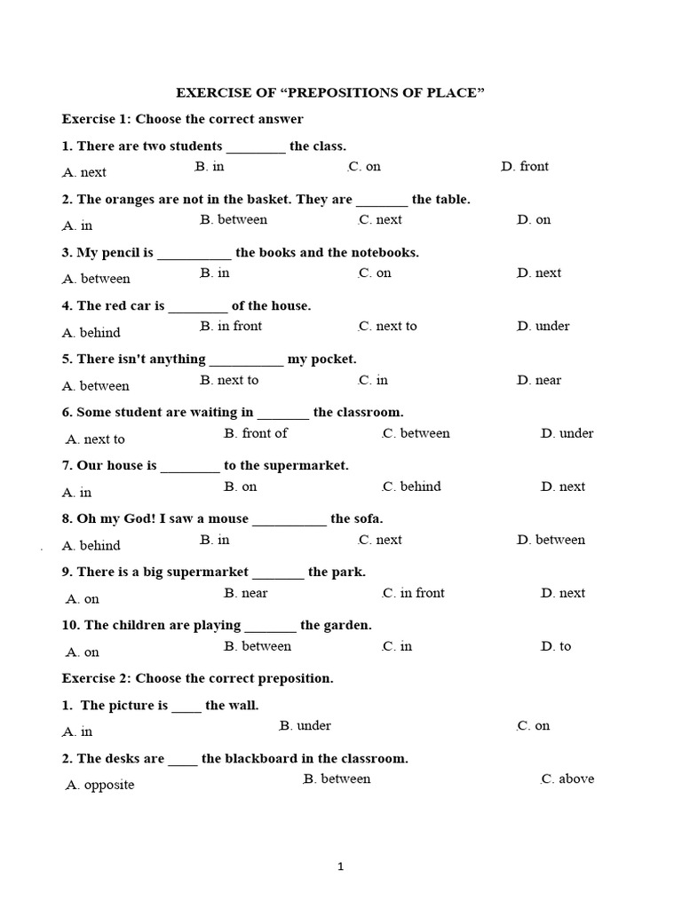 Exercise of Preposition of Place | PDF