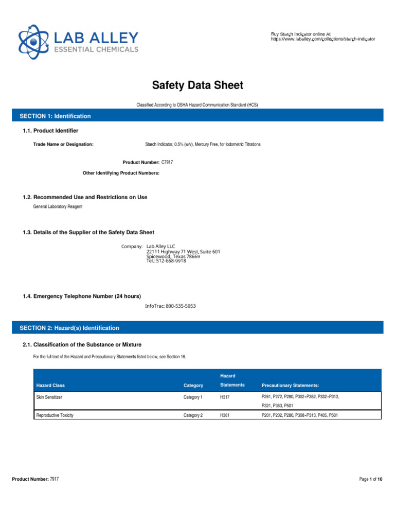 Starch Indicator 05 Solution Safety Data Sheet 6537a8a9bcccf | PDF ...