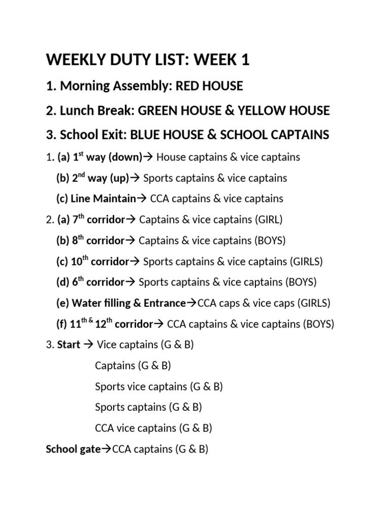 WEEKLY DUTY LIST | PDF