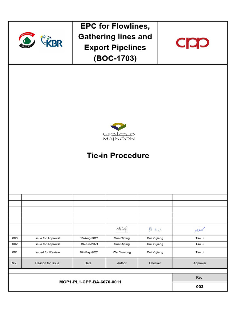 Tie-In Procedure - MGP1-PL1-CPP-BA-6070-0011 - 003 | PDF | Pipe (Fluid Conveyance ...