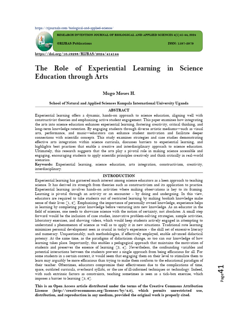 The Role of Experiential Learning in Science Education through Arts ...