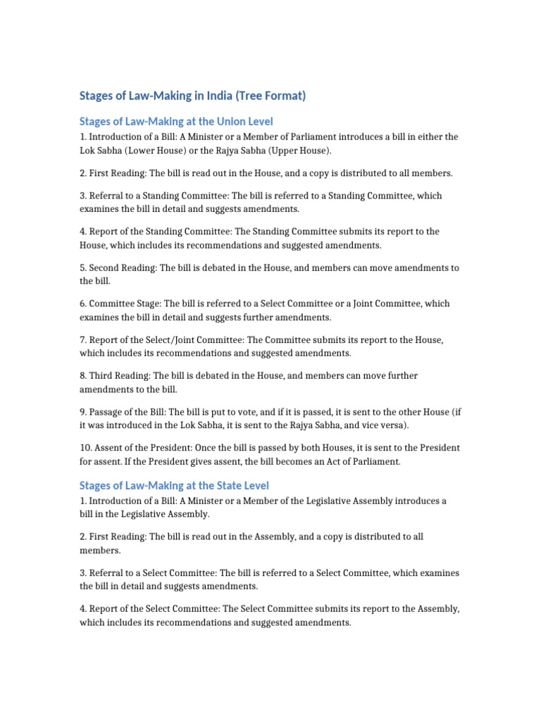 Stages of Law Making in India | PDF | Bill (Law) | Legislature