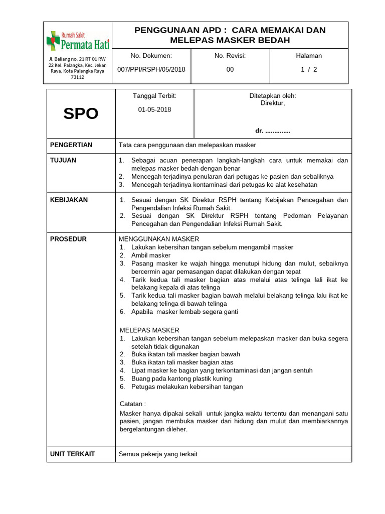 07-SPO PENGGUNAAN APD CARA MEMAKAI DAN MELEPAS MASKER BEDAH | PDF