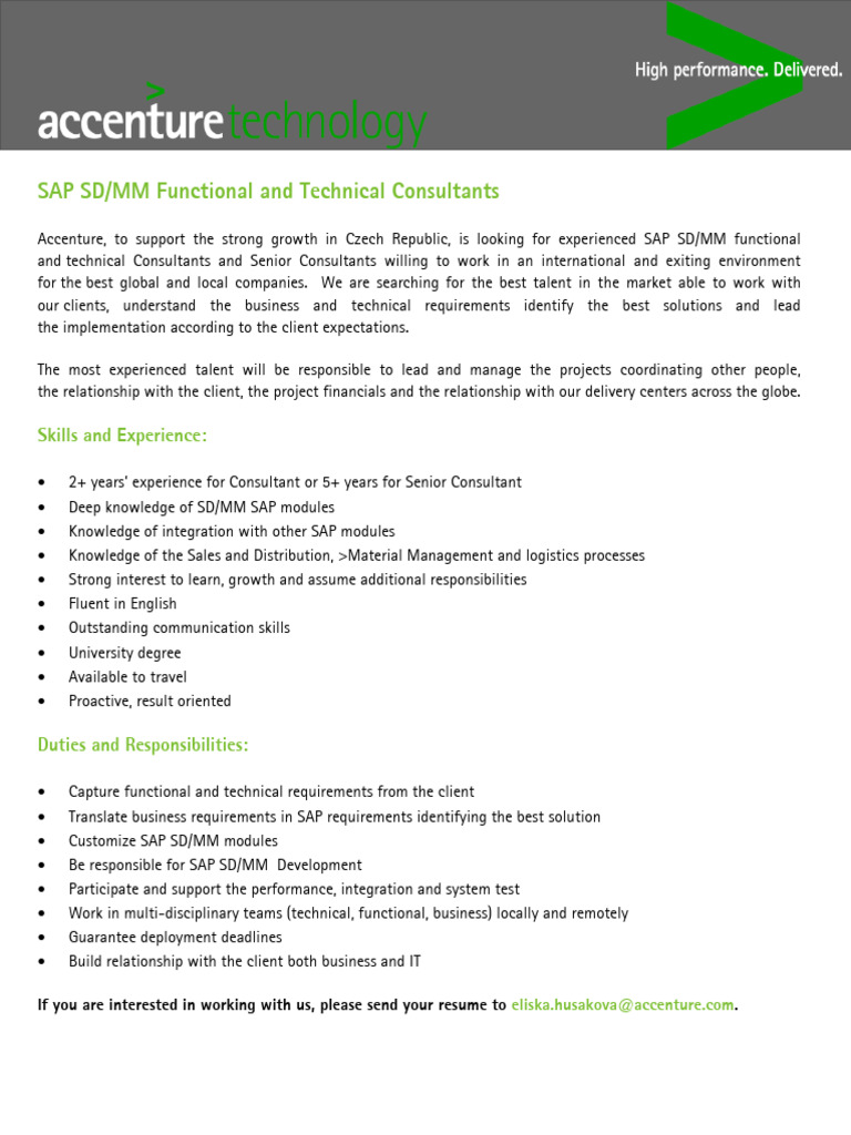 Accenture SAP JD 5 SAP SDMM Functional Technical Consultants | PDF