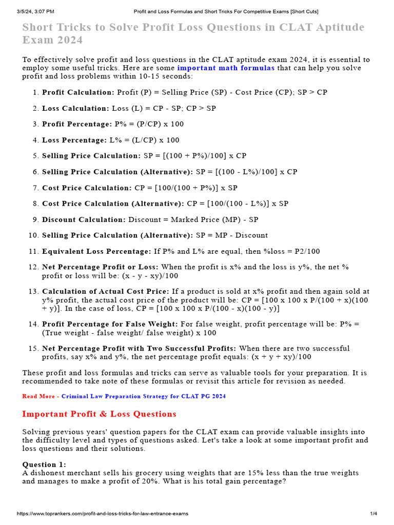 Profit and Loss Formulas and Short Tricks For Competitive Exams (Short ...