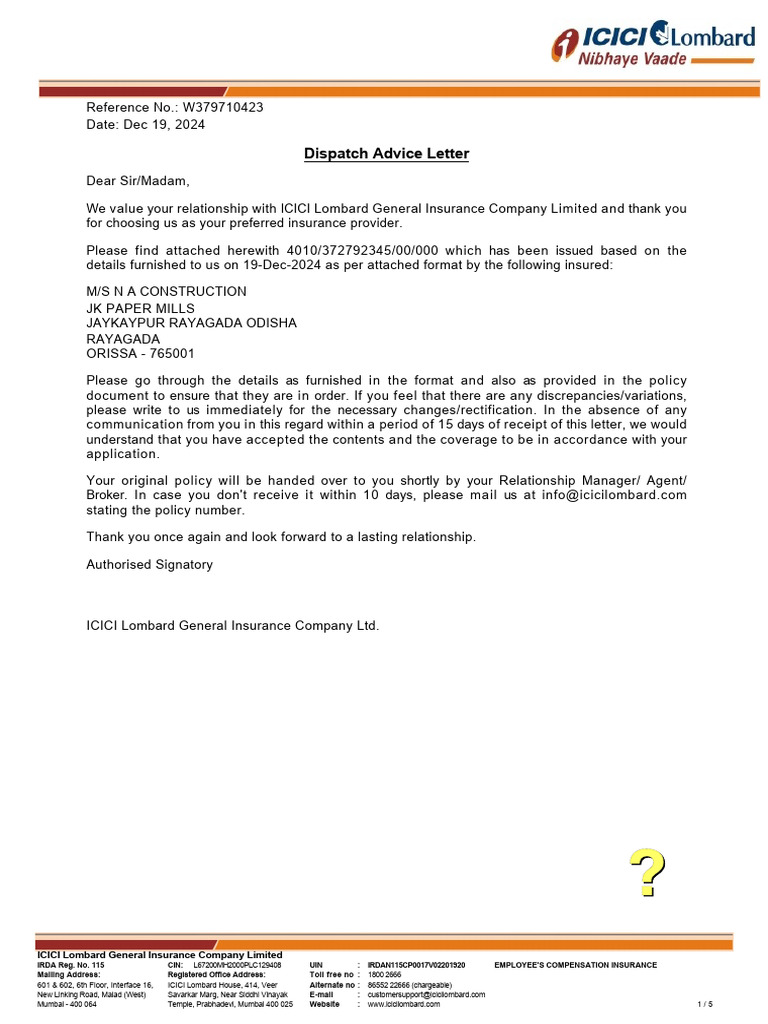 Dispatch Advice Letter: ICICI Lombard General Insurance Company Limited ...