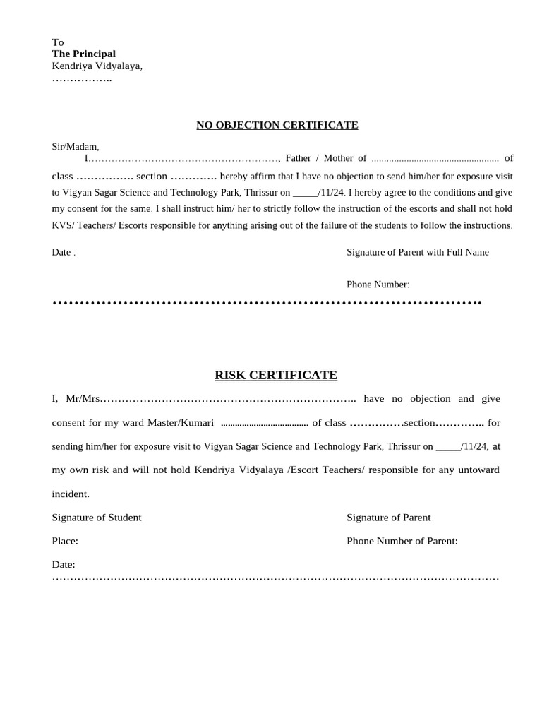 No Objection Certificate for School Trip | PDF