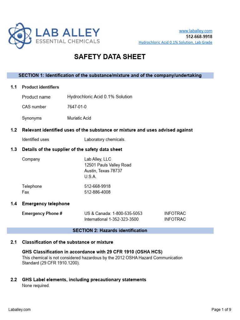 Hydrochloric Acid 01 Solution Lab Grade Safety Data Sheet 6711191c1605b ...