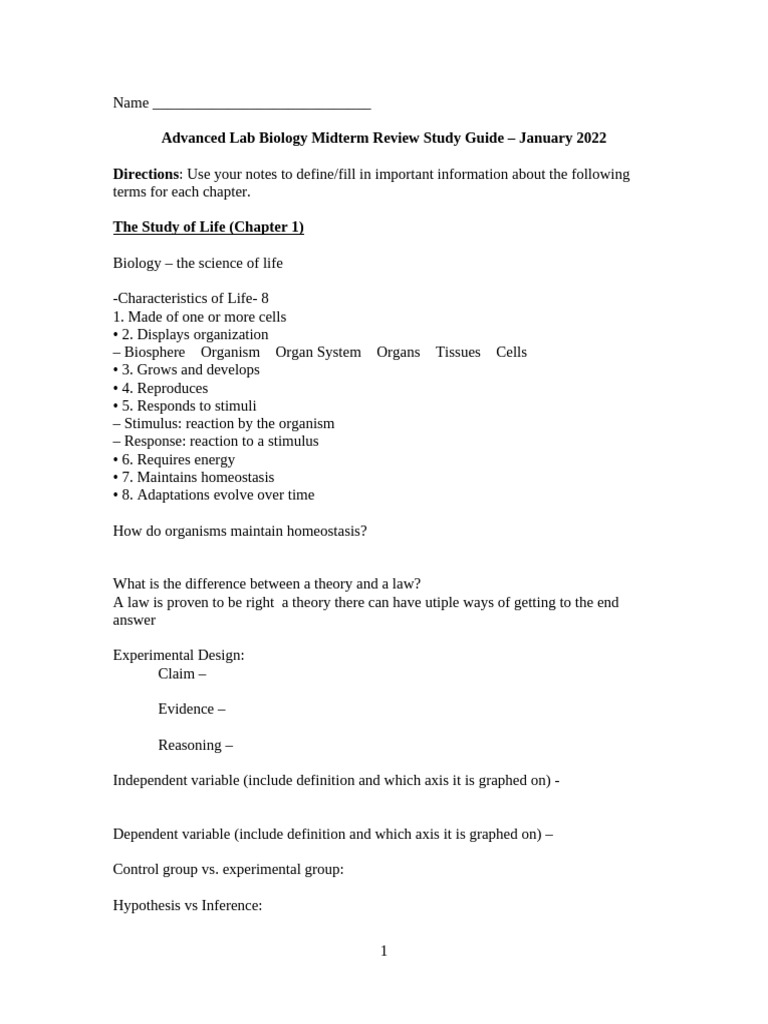 Advanced Lab Biology Midterm Review Study Guide - Jan 2022 | PDF ...